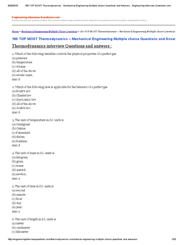 ThermoDynamics Multiple Choice Questions | PDF