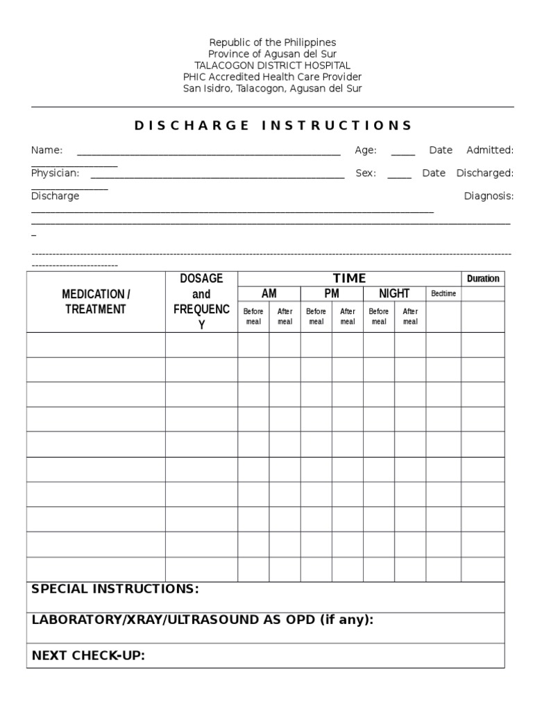 Discharge Instruction Format | PDF | Self-Improvement