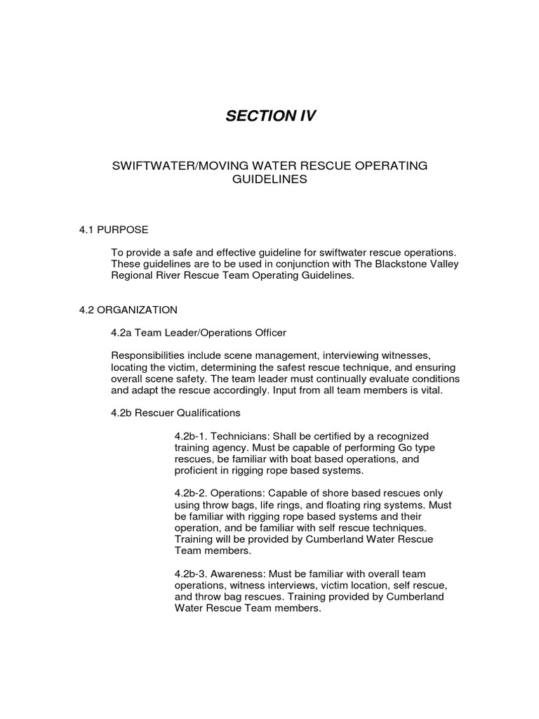 Section Iv: Swiftwater/Moving Water Rescue Operating Guidelines | PDF ...