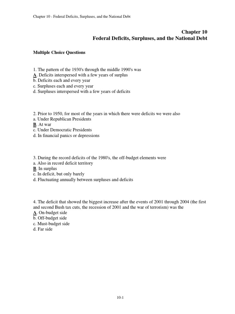 Federal Deficits, Surpluses, and The National Debt: Multiple Choice ...