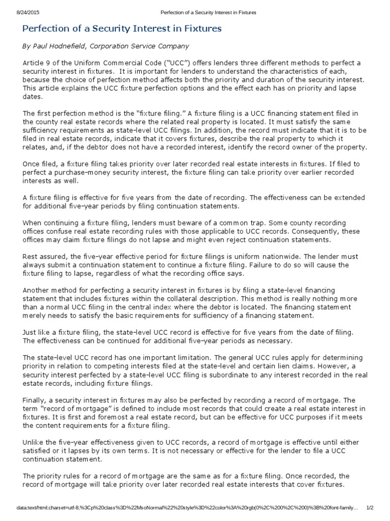 Perfection of A Security Interest in Fixtures | PDF | Security Interest ...