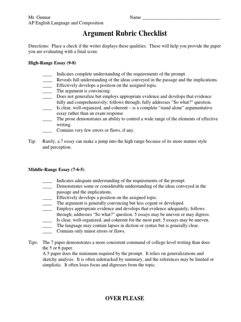 AP Argument Essay Rubric Checklist | PDF | Essays | Semiotics