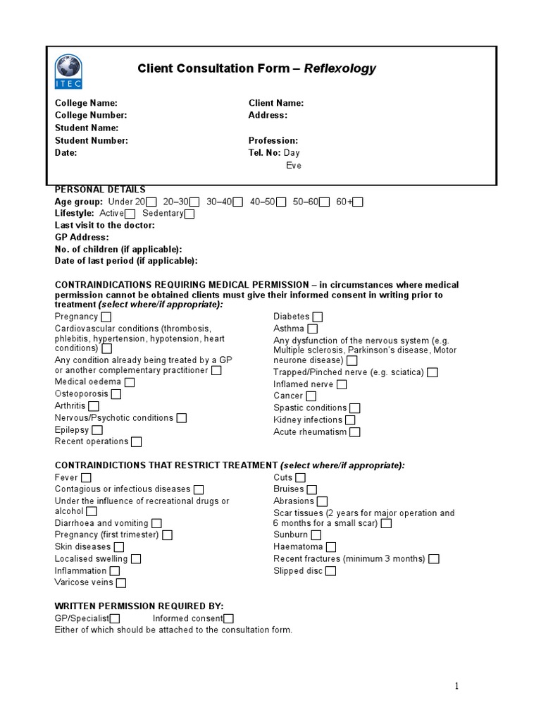 Reflexology Client Consultation Form | PDF | Dermatitis | Bloating