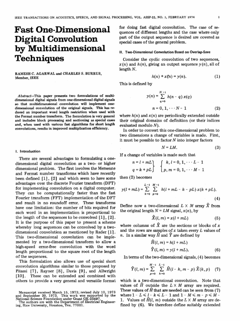 1974 Fast One-Dimensional Digital Convolution by Multidimensional Techniques | PDF | Convolution ...