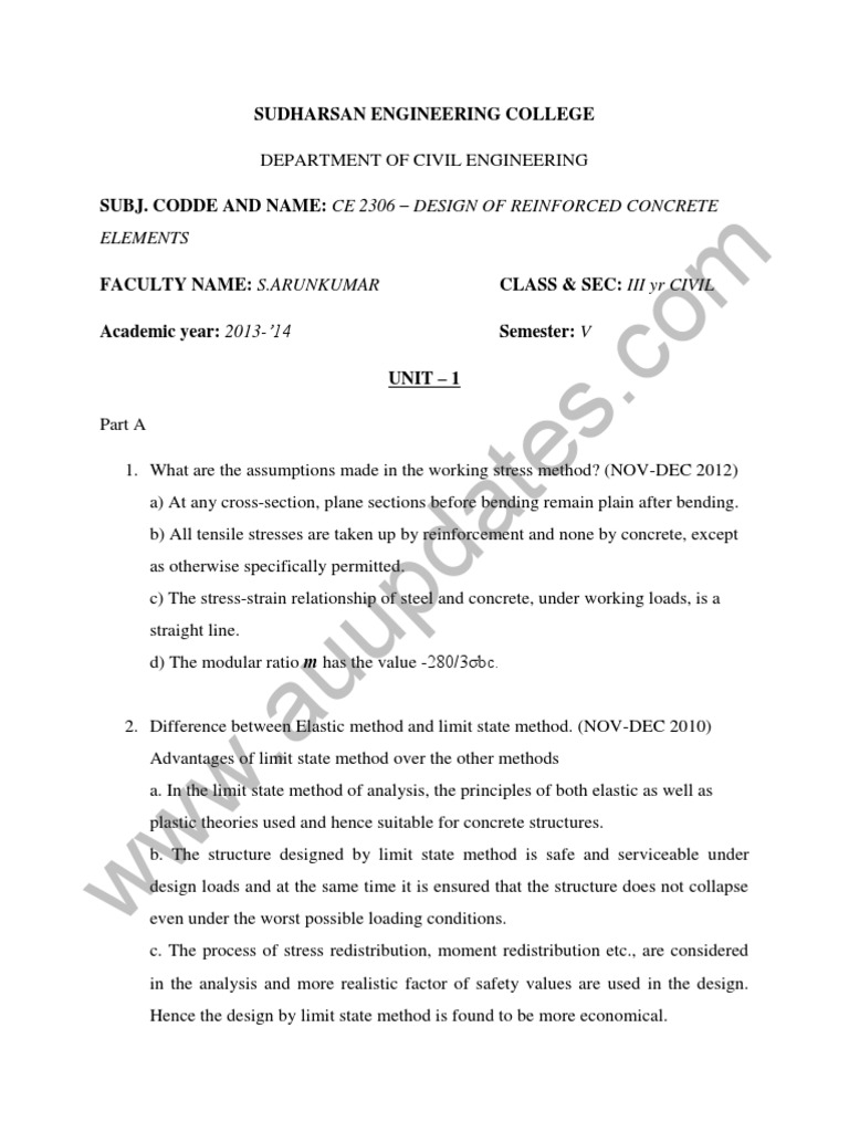 CE2306 - Design of RC Elements | PDF | Strength Of Materials | Bending