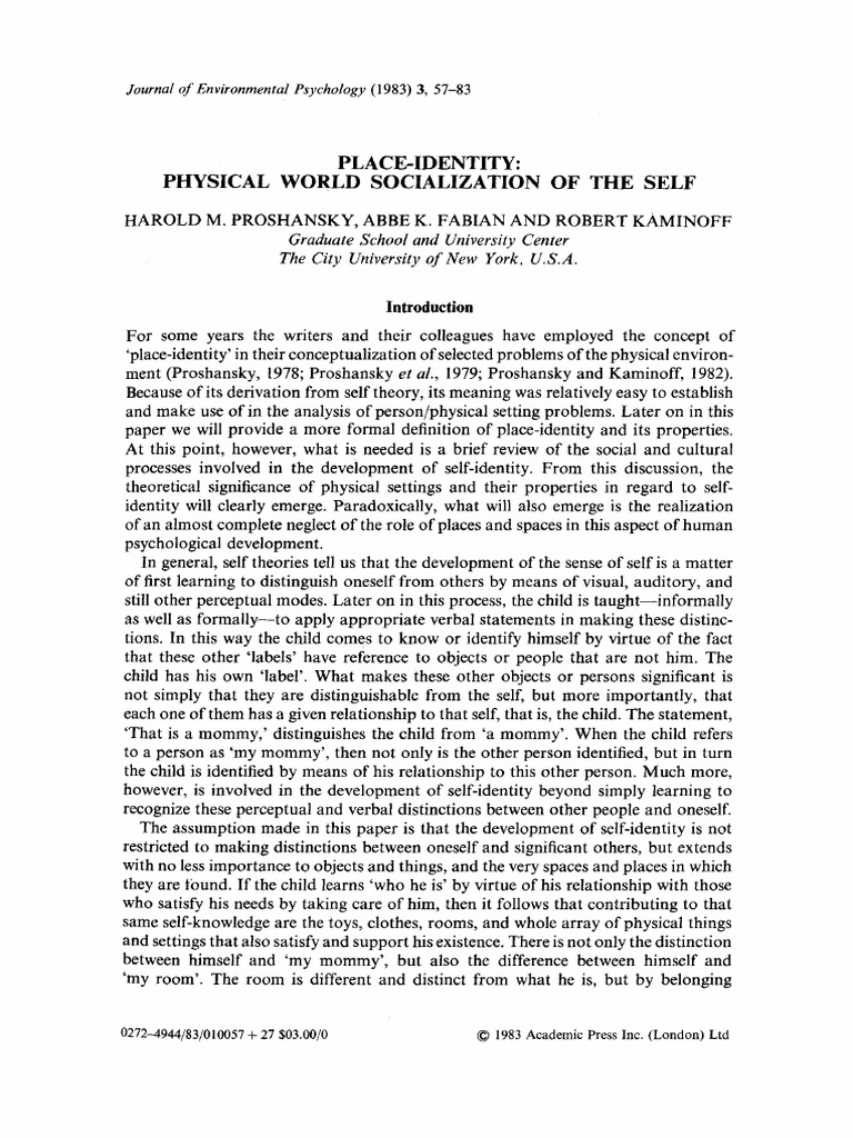 Proshansky, Fabian & Kaminoff - PLACE-IDENTITY: PHYSICAL WORLD ...