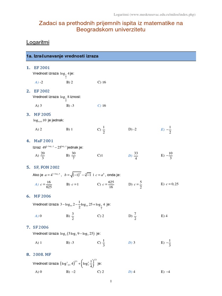 Prijemni Logaritmi | PDF