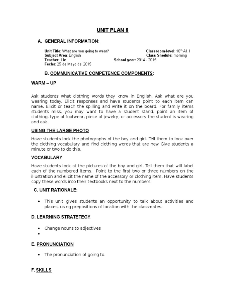 Unit Plan 6. de 10 Año | PDF | English Language | Vocabulary