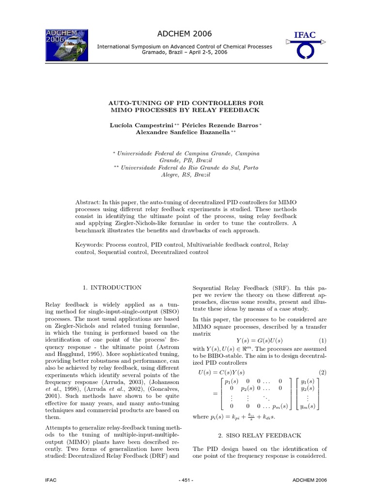 Auto-Tuning of Pid Controllers For Mimo Processes by Relay Feedback ...