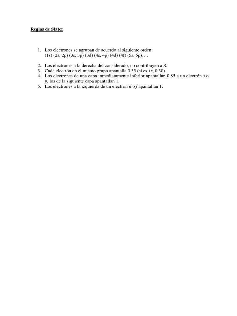 Reglas de Slater y Configuración Electrónica | PDF