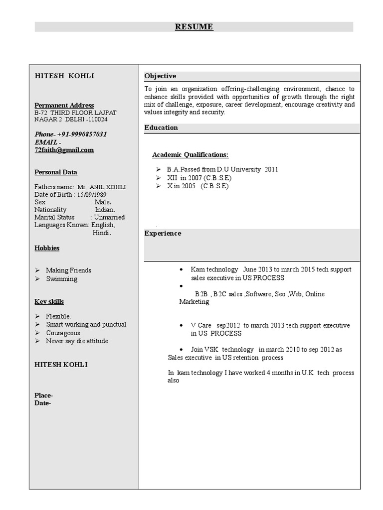 Hitesh Kohli Resume: Skills & Experience | PDF