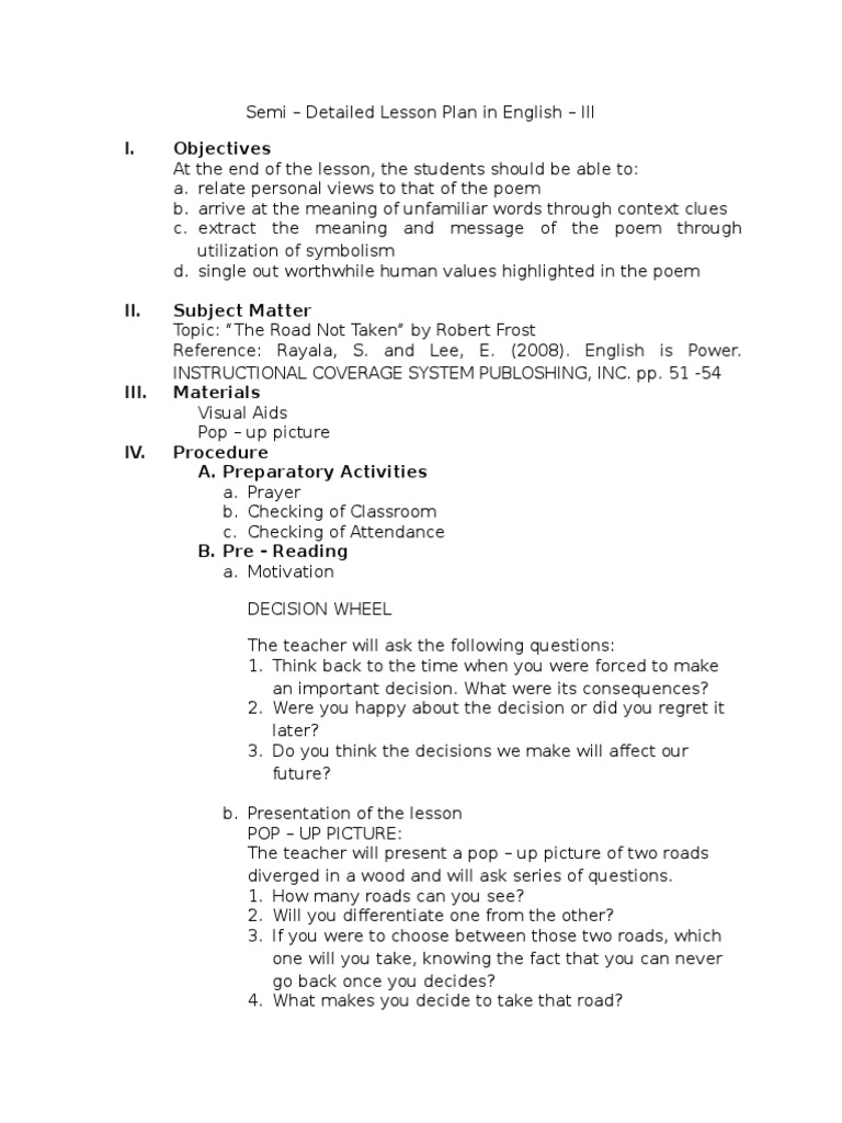 Lesson Plan for "The Road Not Taken" | PDF | Lesson Plan | Cognition