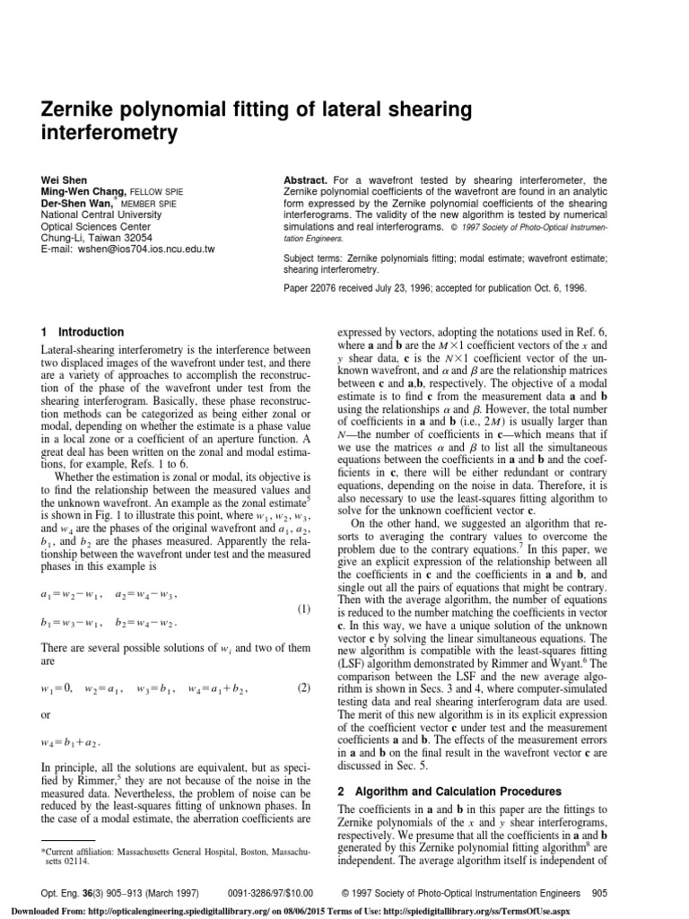 Zernike Polynomial Fitting of Lateral Shearing Interferometry | PDF ...
