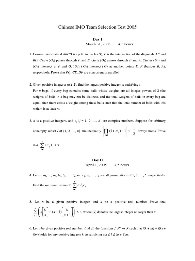 Chinese IMO Team Selection Test 2005: March 31, 2005 4.5 Hours | PDF ...