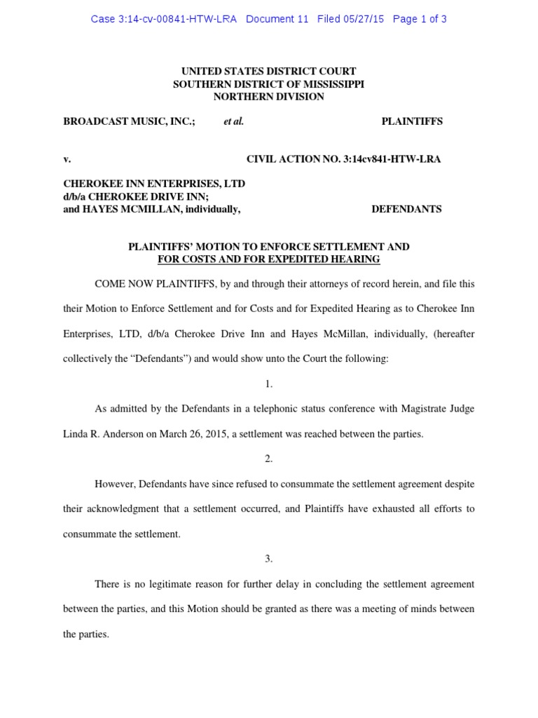 BMI Motion To Enforce | PDF | Settlement (Litigation) | Lawsuit