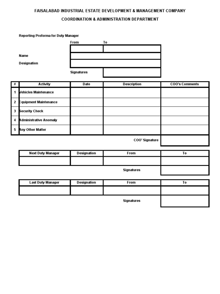 Duty Manager Reporting Proforma | PDF