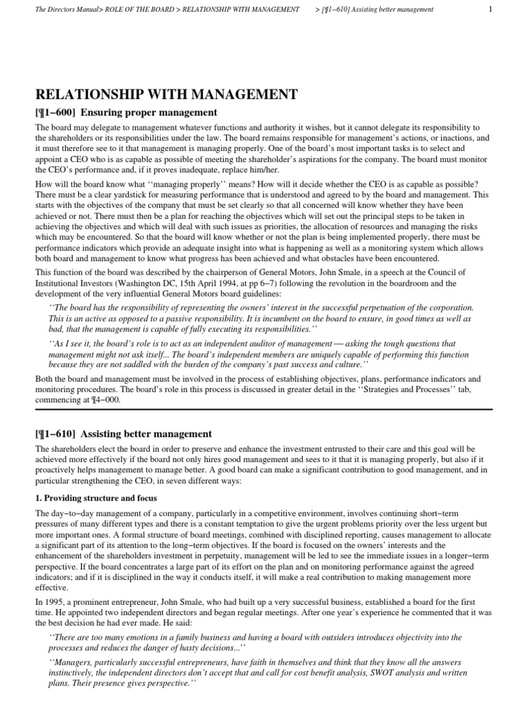 04 Relationship With Management Pdf Board Of Directors Goal