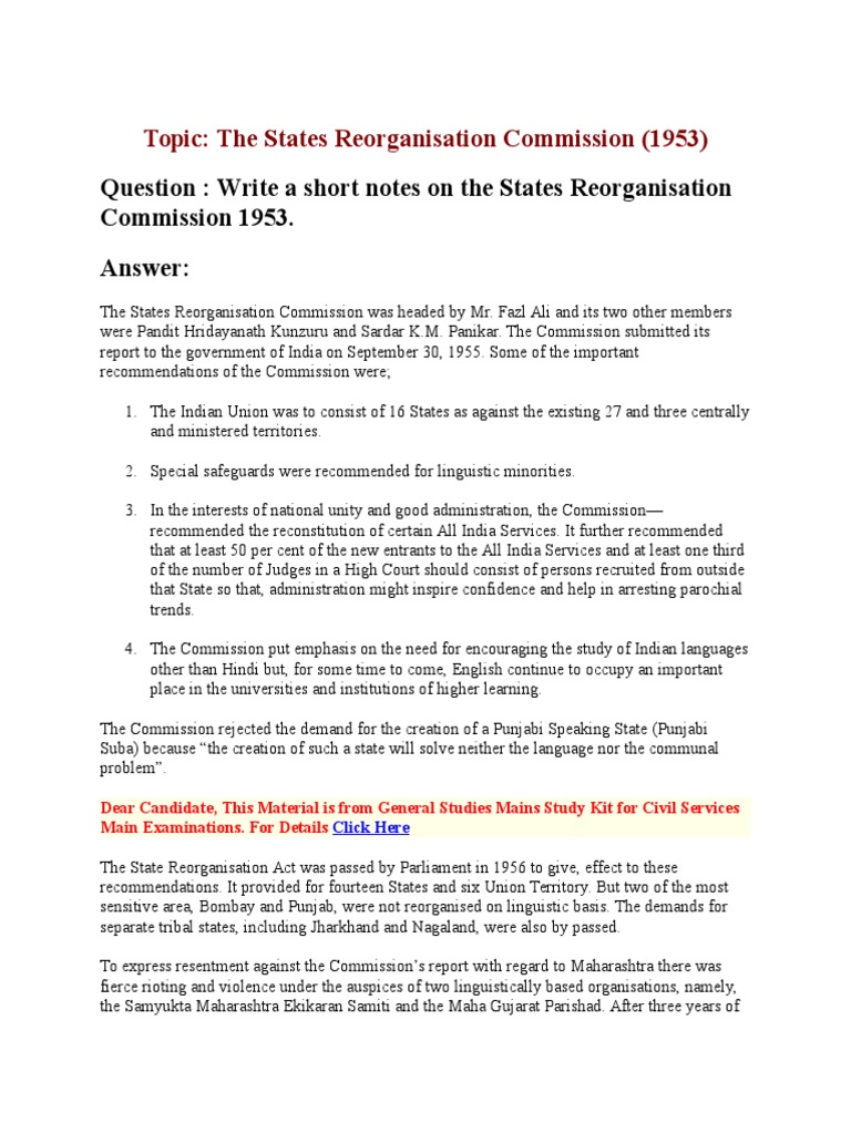 Overview of the 1953 States Reorganisation Commission | PDF ...