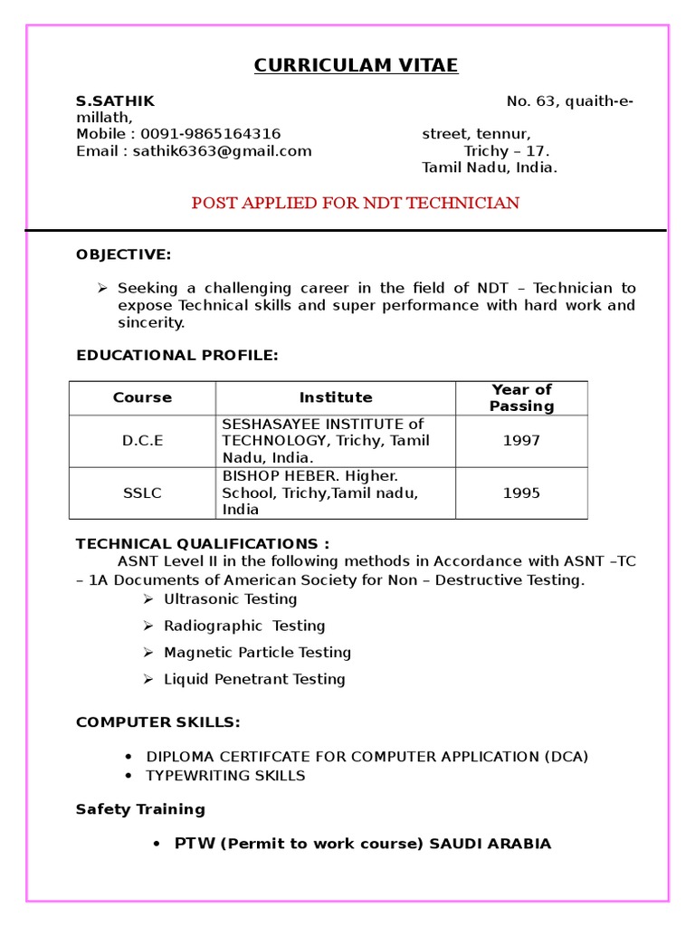 NDT Technician CV | PDF | Nondestructive Testing | Oil Refinery