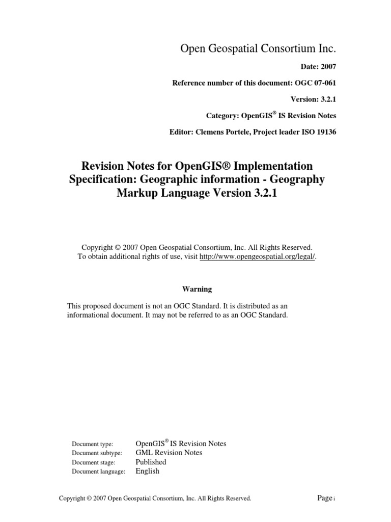 Revision Notes For Opengis® Implementation Specification Geographic Information Geography 