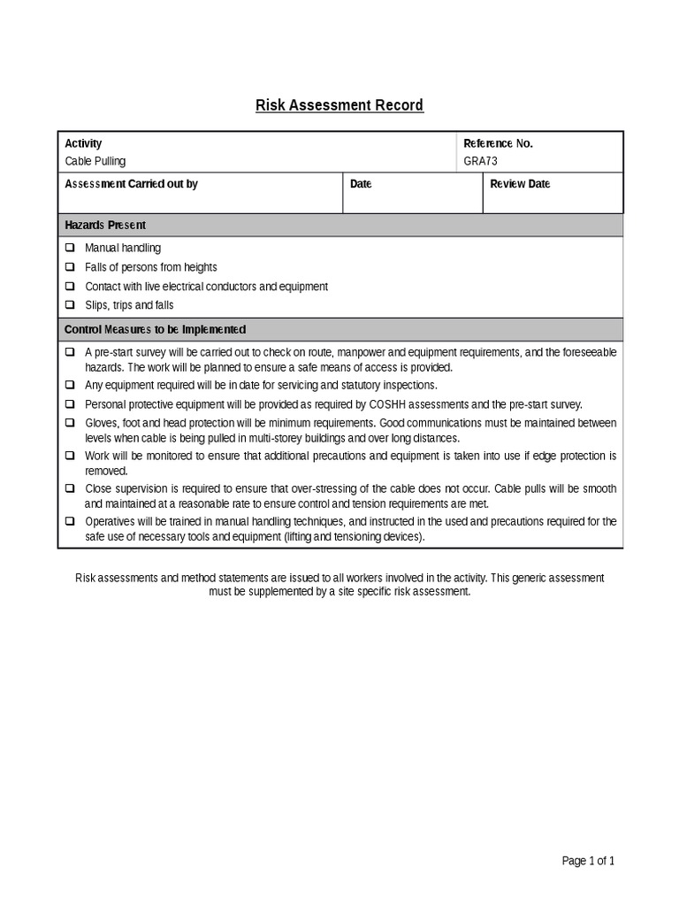 Risk Assessment for Cable Pulling Activity Outlining Hazards, Control ...