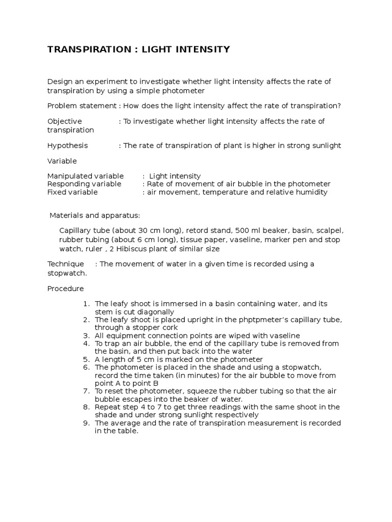 Transpiration Light Intensity | PDF