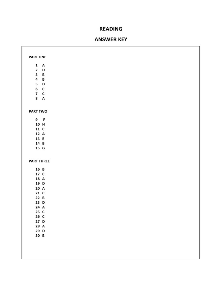 Reading Answer Key: Part One 1 A 2 D 3 B 4 B 5 D 6 C 7 C 8 A | PDF