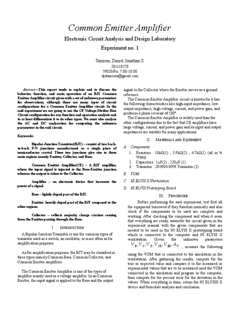Common Emitter Amplifier | PDF | Amplifier | Bipolar Junction Transistor