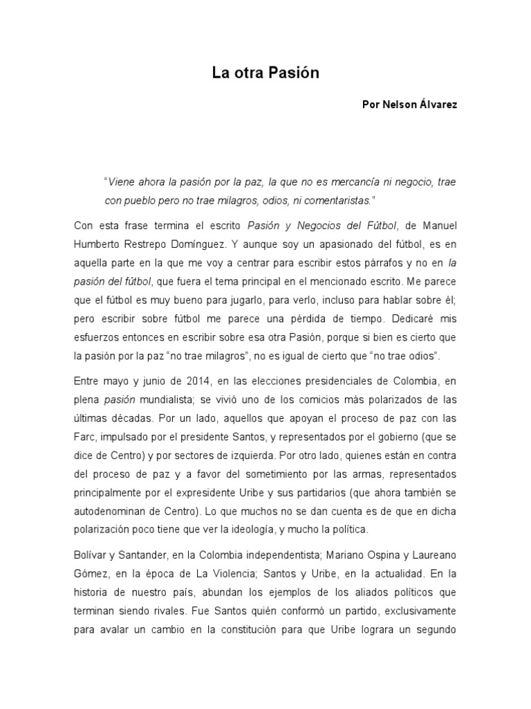 Ensayo La Pasión Del Fútbol | PDF | Colombia | Agitación