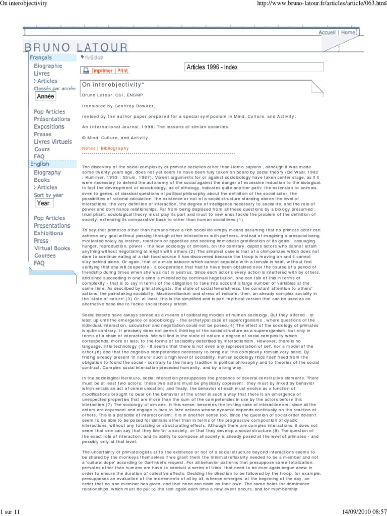 Bruno Latour, On Interobjectivity, Mind, Culture, and Activity, 1996 ...