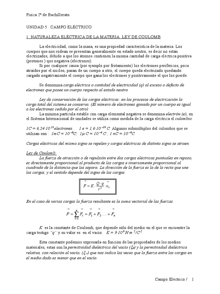 UNIDAD 5 CAMPO EL+ëCTRICO | PDF | Campo eléctrico | Energía potencial