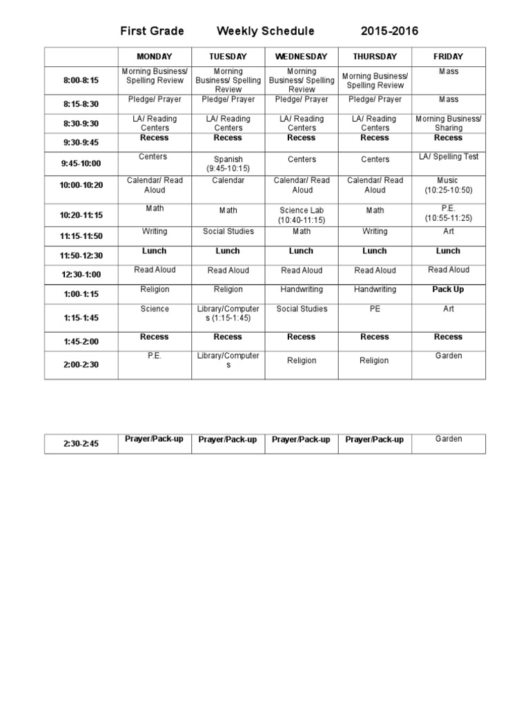 First Grade Weekly Schedule 2015-2016 | PDF