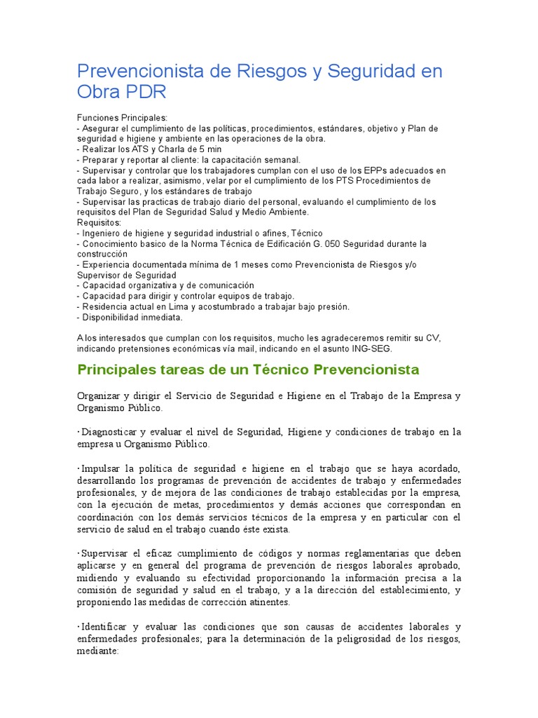 Funciones de Un Prevencionista | PDF | Seguridad y salud ocupacional ...