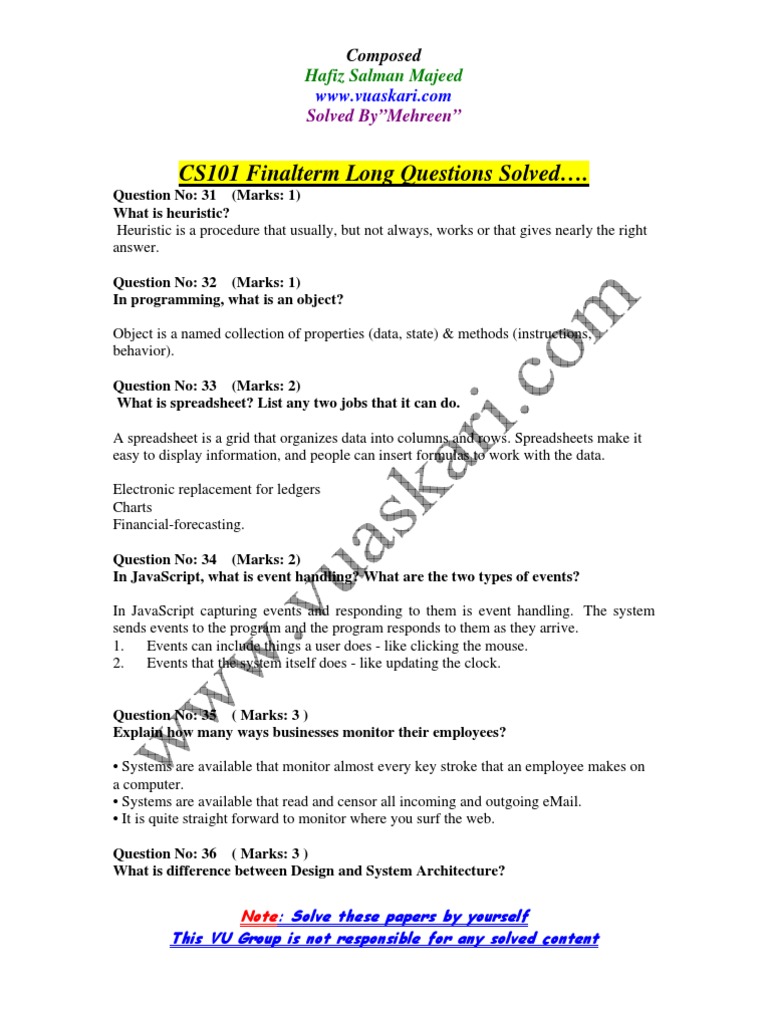 CS101 Finalterm Long Questions Solved | PDF | Central Processing Unit | Malware