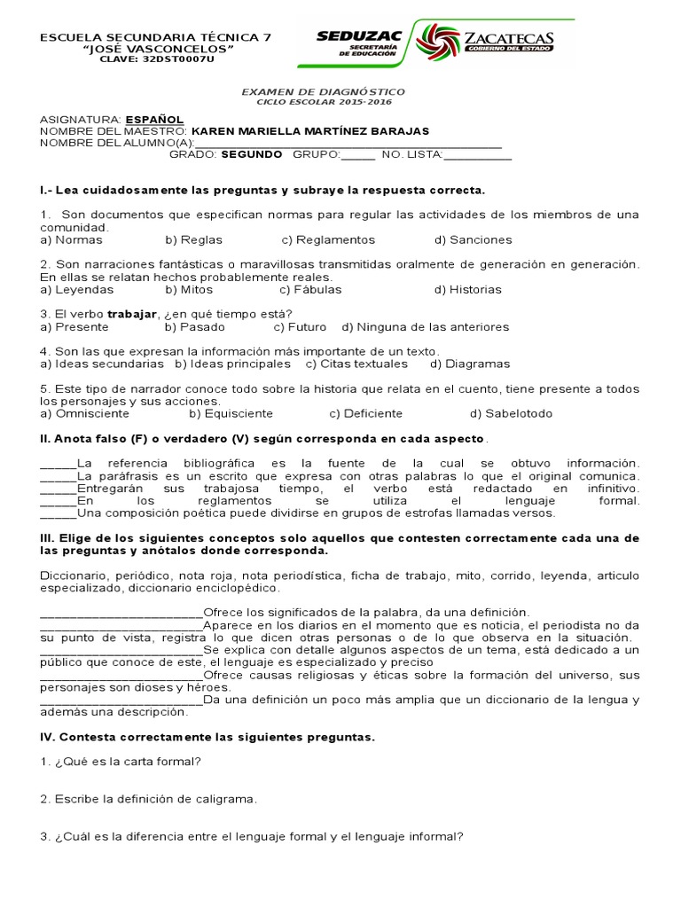 Examen Diagnóstico SEGUNDO Grado Secundaria Español | PDF | azteca Examen Diagnóstico SEGUNDO Grado Secundaria Español | PDF | azteca