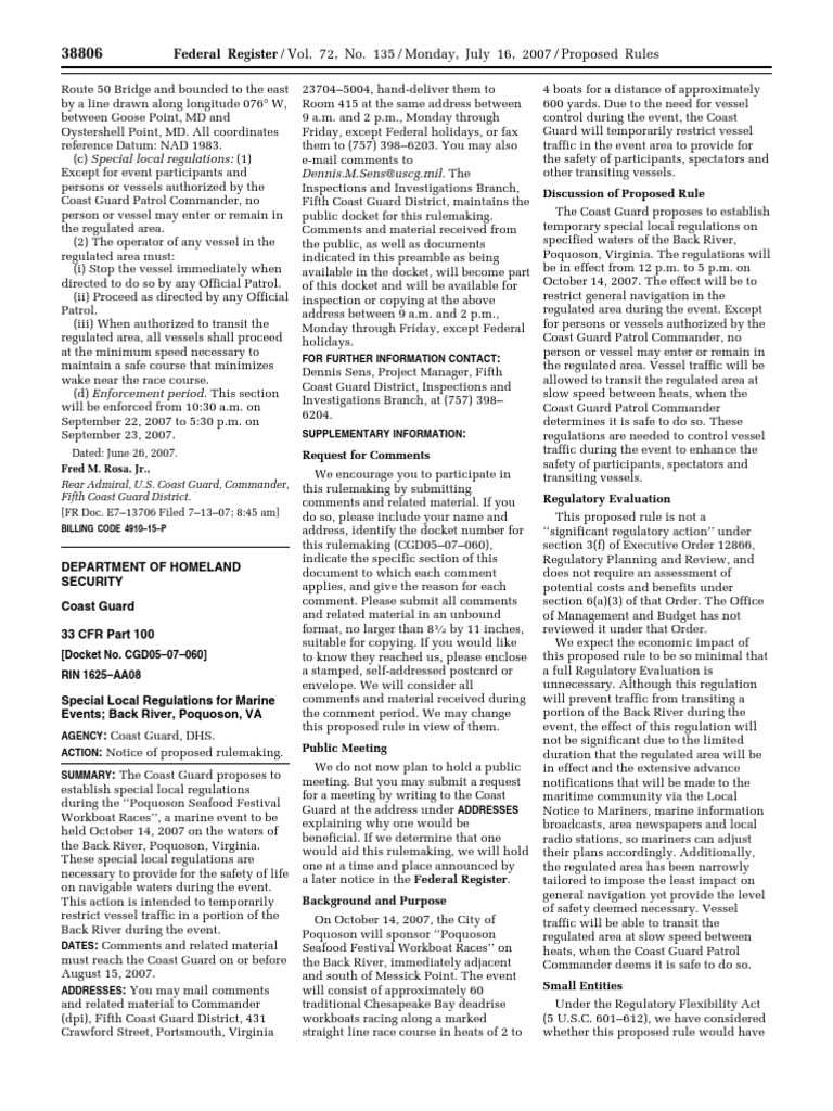 Proposed Rule: Ports and Waterways Safety Regulated Navigation Areas ...