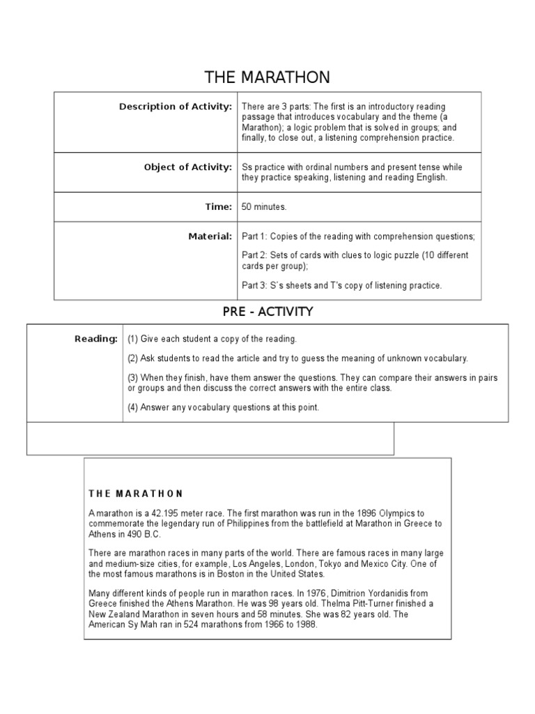 The Marathon: Pre - Activity | PDF | Marathon | Reading Comprehension