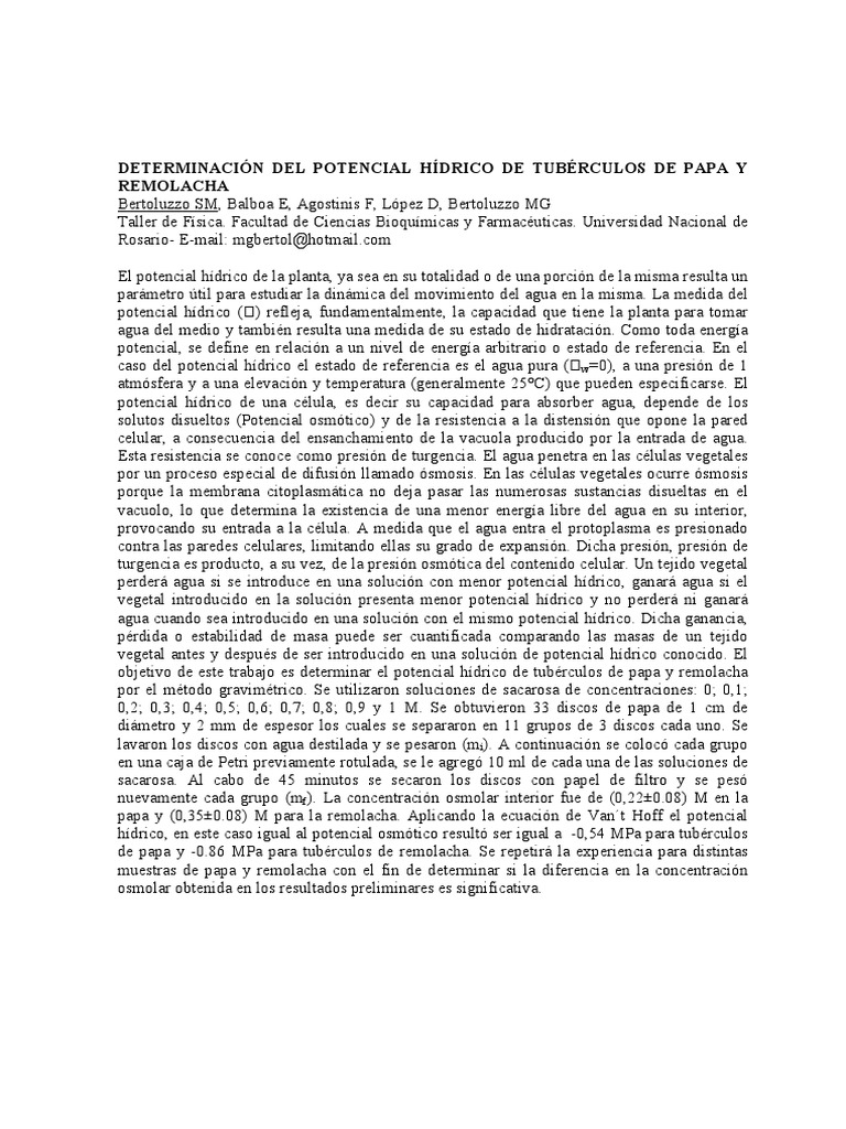 Potencial Hídrico en Tubérculos de Papa y Remolacha | PDF | Biología ...