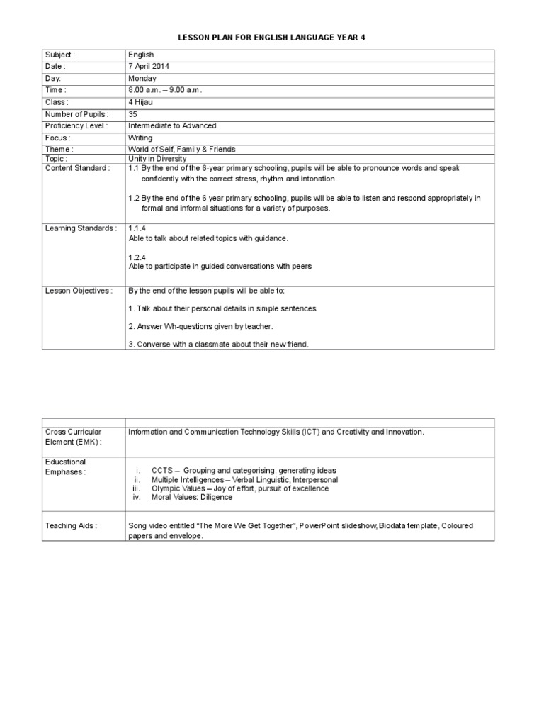 Lesson Plan For English Language Year 4 | PDF | Lesson Plan ...