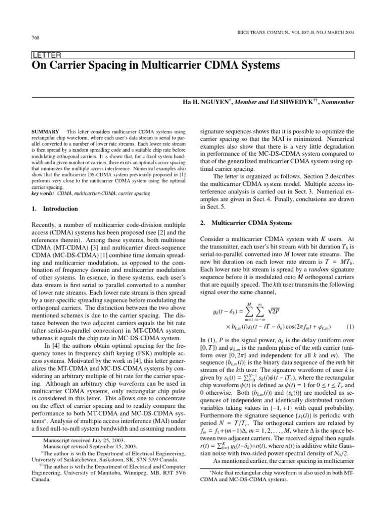 On Carrier Spacing in Multicarrier CDMA Systems: Letter | PDF | Code Division Multiple Access ...
