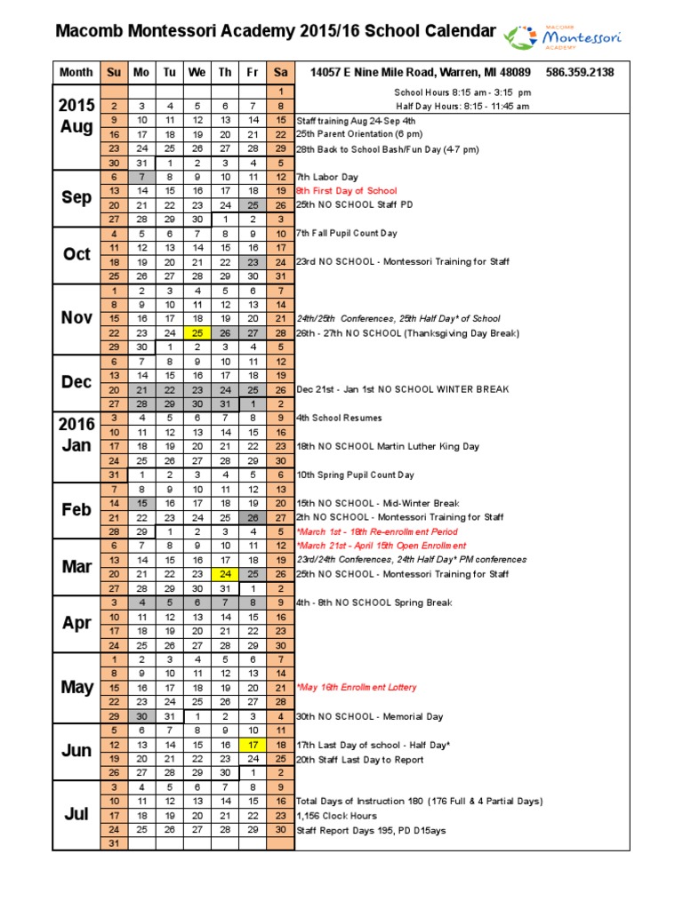 Macomb Montessori Academy 2015-16 Calendar | PDF | Wellness