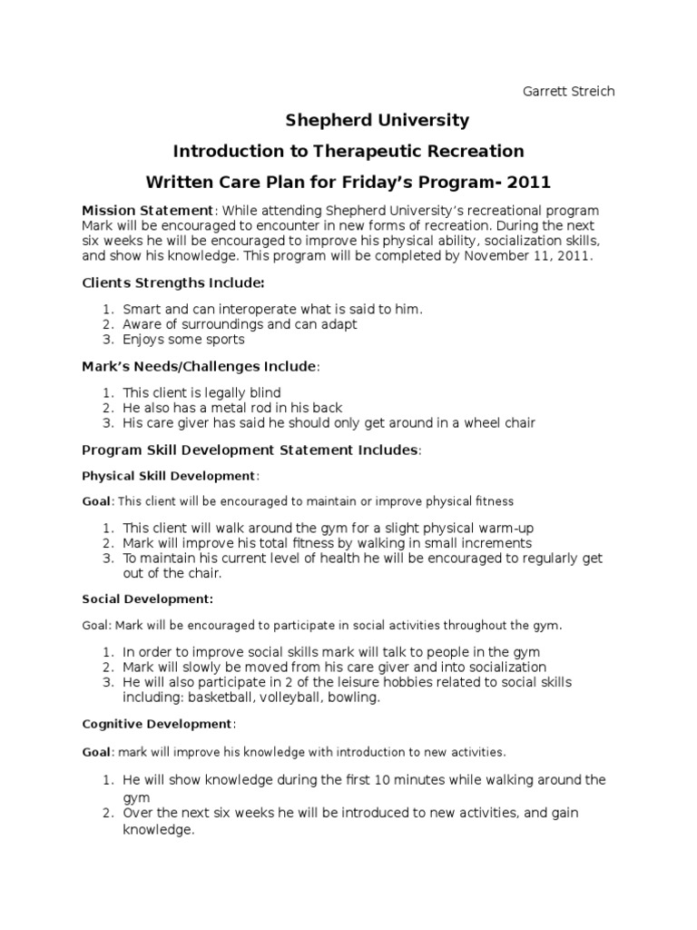 Therapeutic Recreation Care Plan for Mark | PDF | Career & Growth