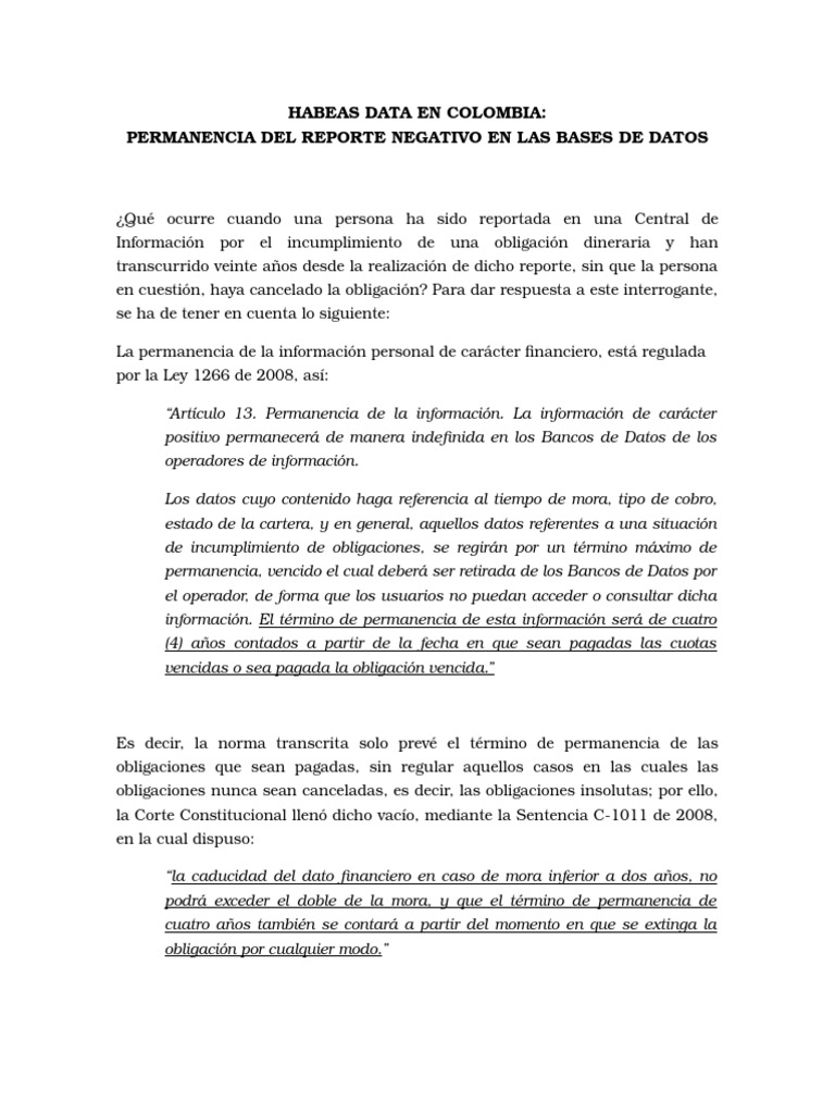 Habeas Data en Colombia: Permanencia del Reporte Negativo en las Bases de datos | Estatuto de ...