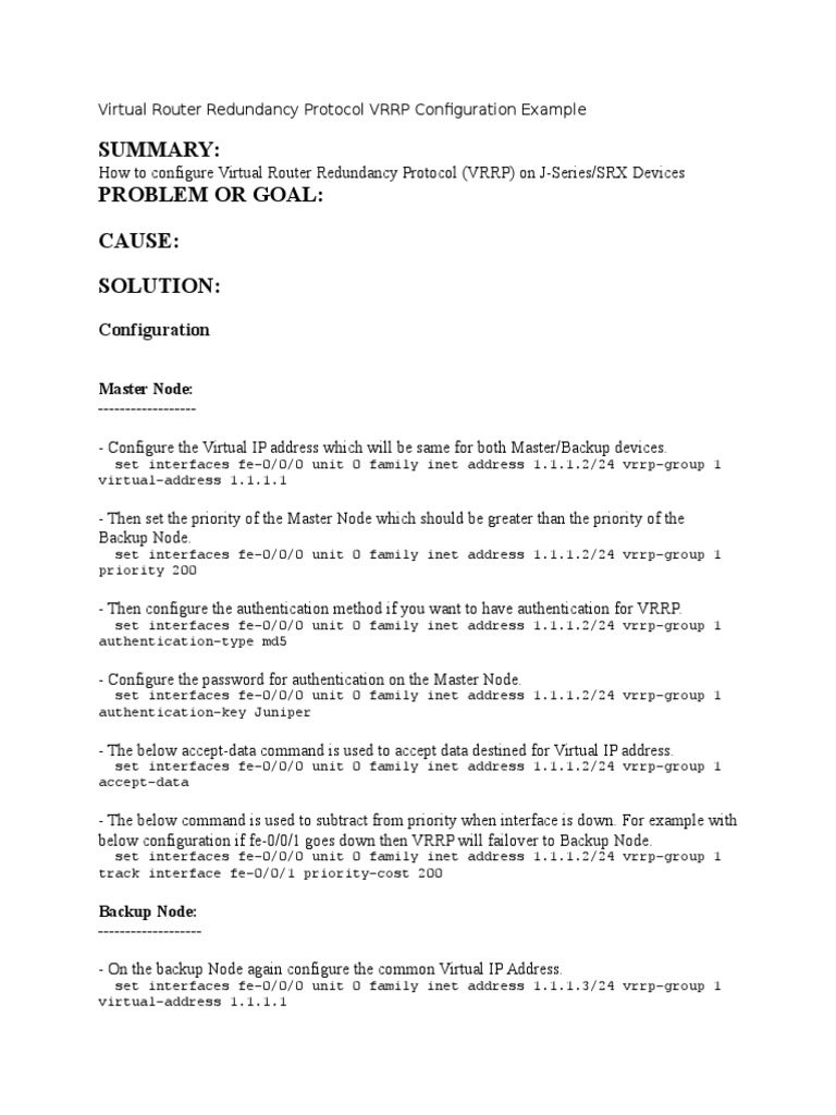 Virtual Router Redundancy Protocol Vrrp Configuration Example Pdf Router Computing