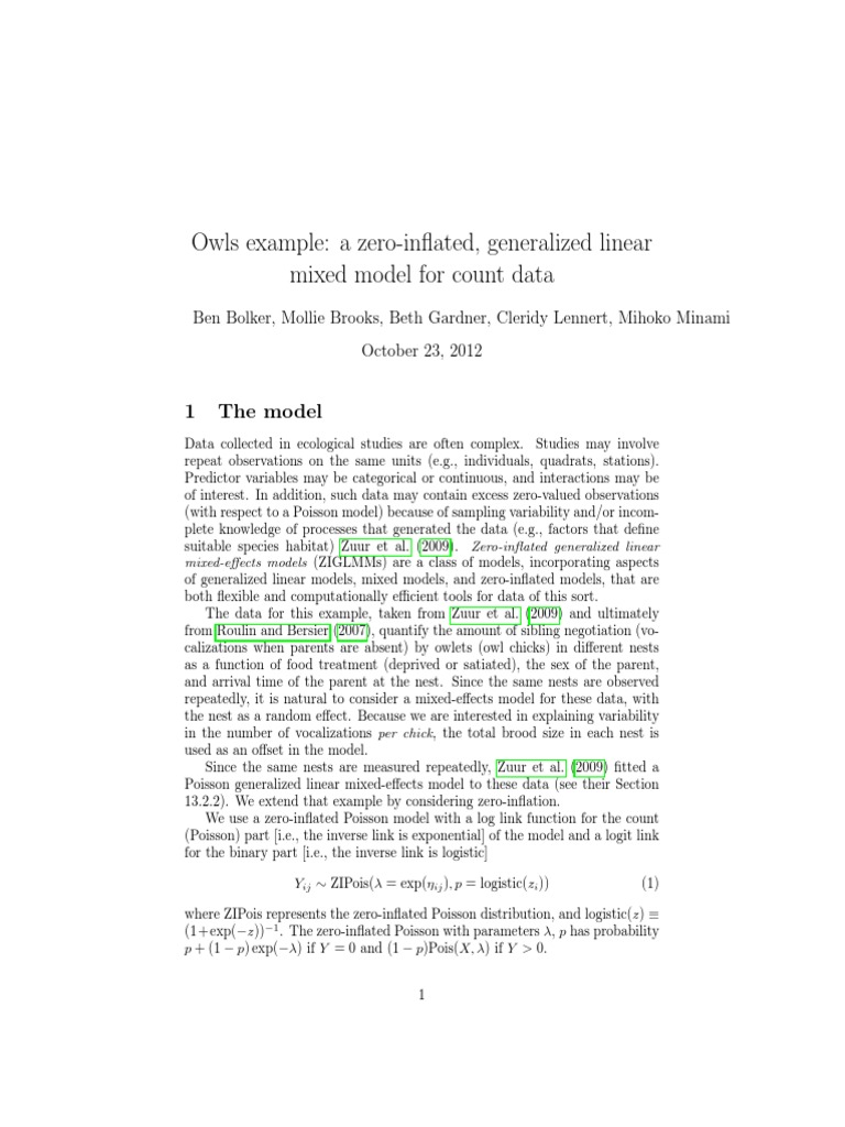 Example - Zero-Inflated, Generalized Linear Mixed Model For Count Data | PDF | Logistic ...