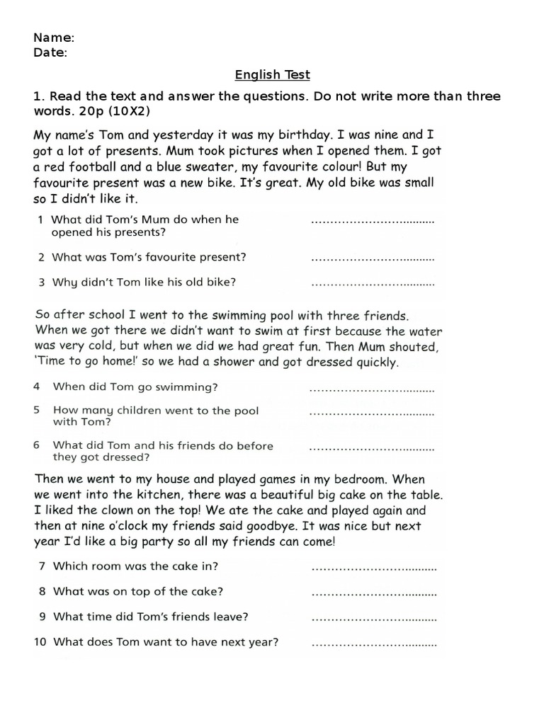 Name: Date: English Test 1. Read The Text and Answer The Questions. Do ...