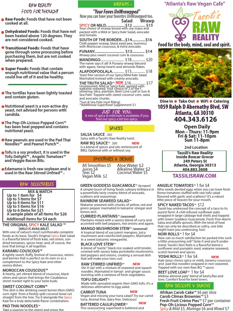 Tassili's Raw Reality Raw Vegan Food Menu | PDF | Tofu | Salad