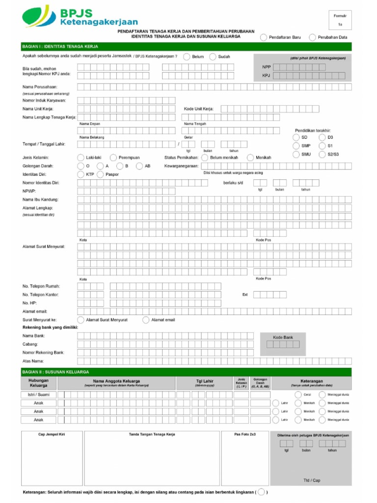 F1a Formulir Pendaftaran Tenaga Kerja Pada BPJS Ketenagakerjaan | PDF