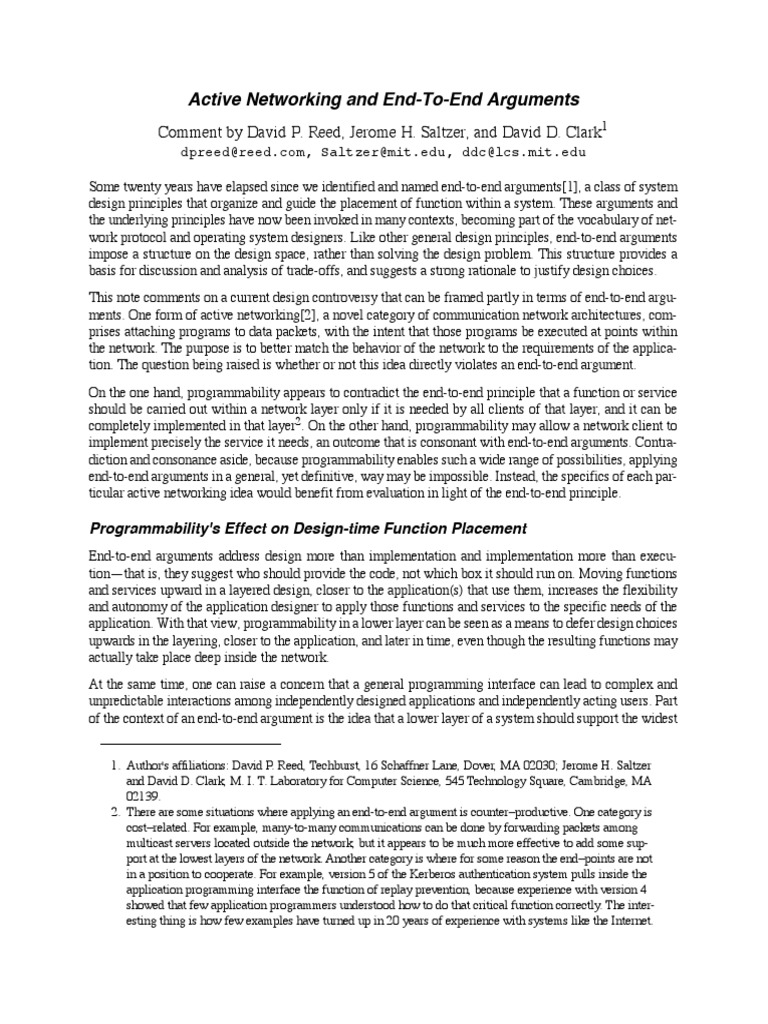 Active Networking and End-To-End Arguments: Comment by David P. Reed, Jerome H. Saltzer, and ...