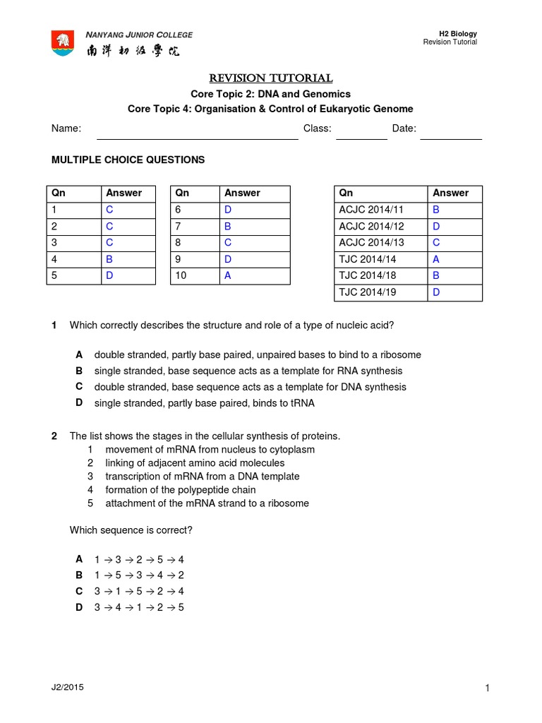 2015 Revision Tutorial Core Topic 2 and 4 Ans | PDF | Messenger Rna ...